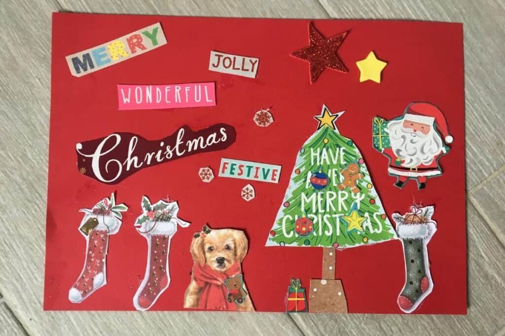 Upcycled Christmas card collage for kids to make