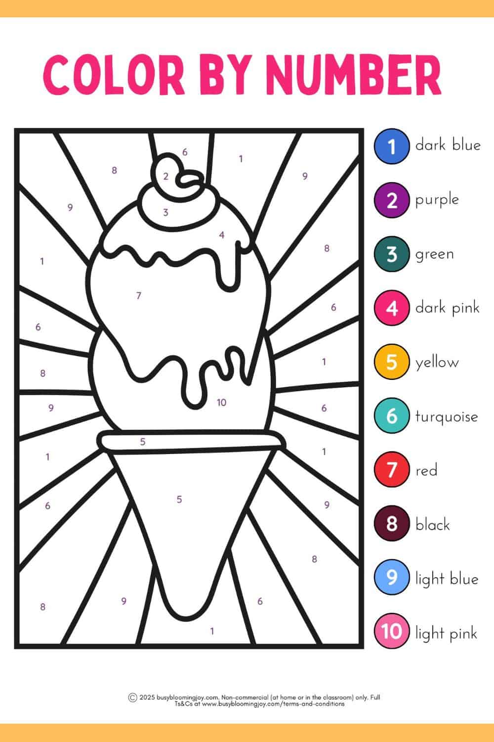 FREE Printable Ice Cream Color by Number Worksheet for Summer